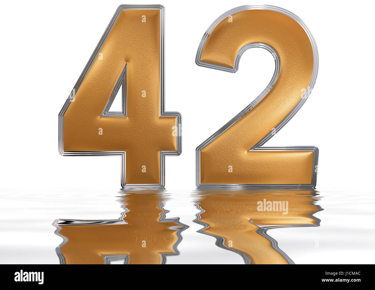 Numeral 42, forty two, reflected on the water surface, isolated on ...