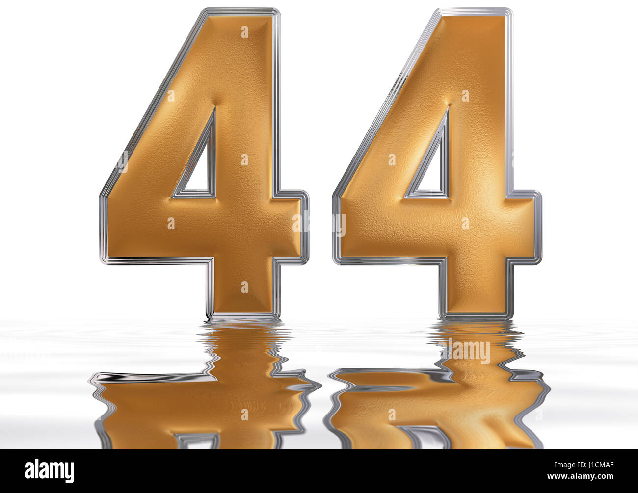 Numeral 44, forty four, reflected on the water surface, isolated on ...