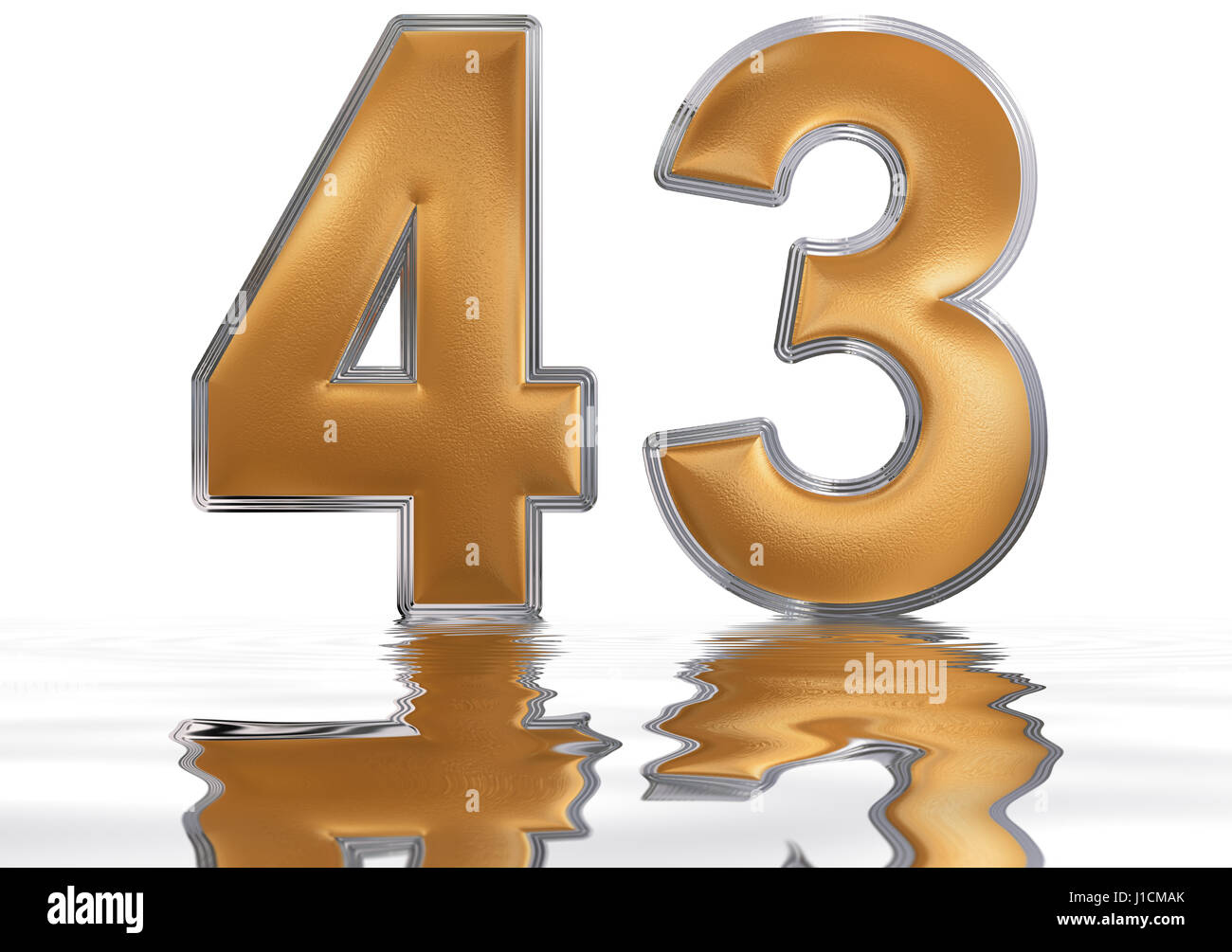 Numeral 43, forty three, reflected on the water surface, isolated on ...