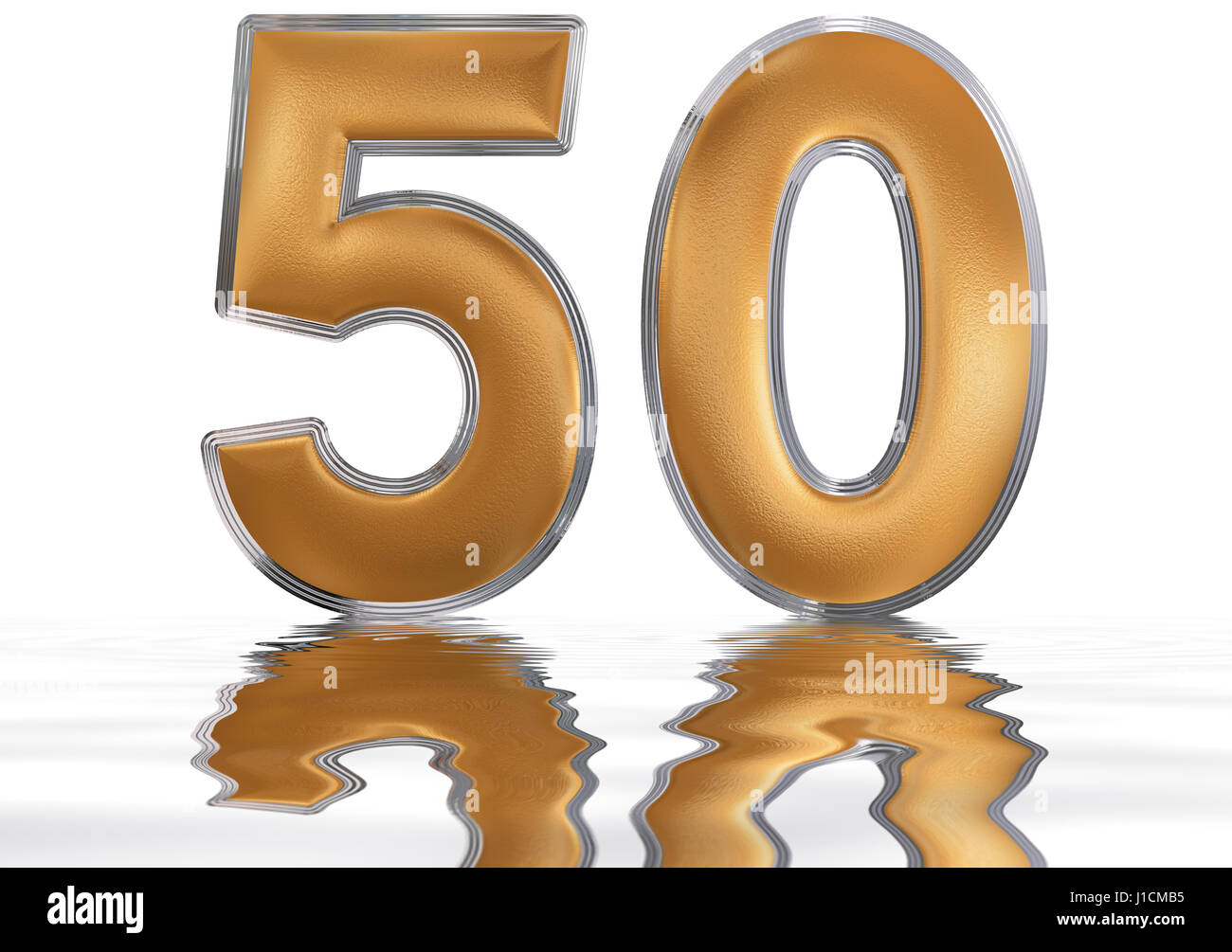 Numeral 50, fifty, reflected on the water surface, isolated on white ...