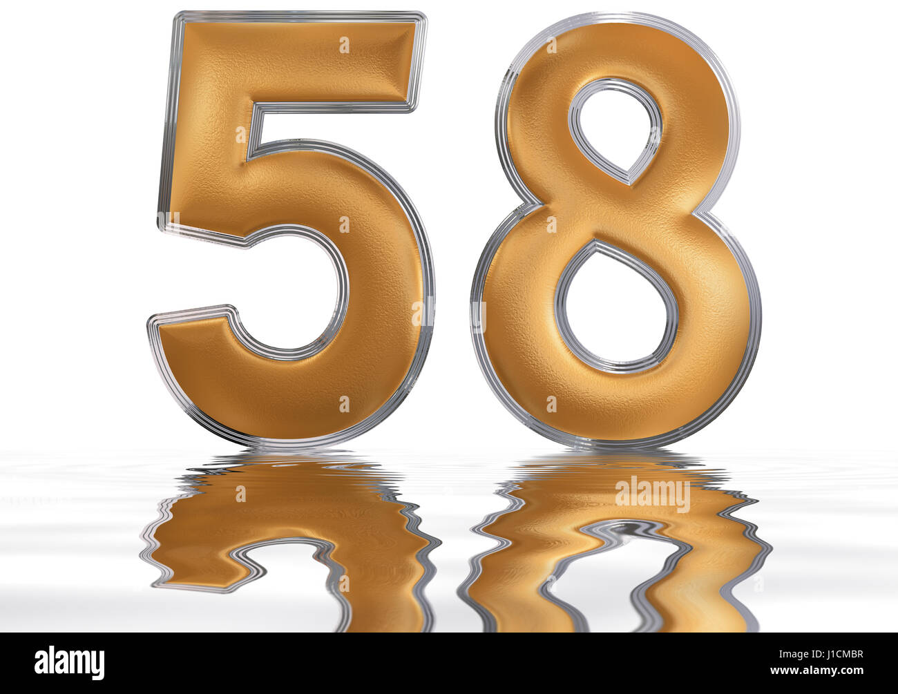 Numeral 58, fifty eight, reflected on the water surface, isolated on ...