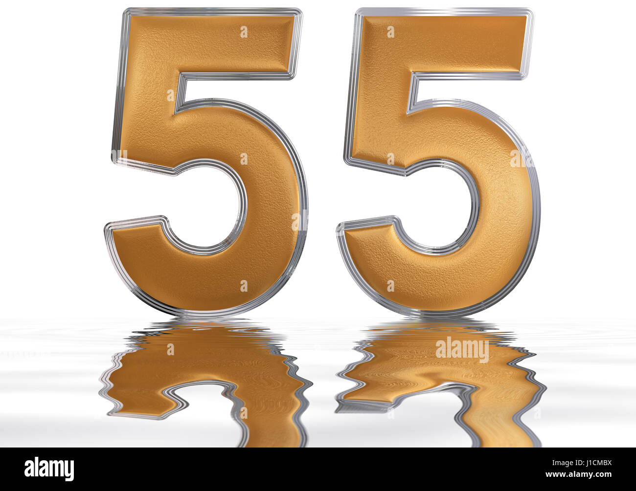 Numeral 55, fifty five, reflected on the water surface, isolated on ...