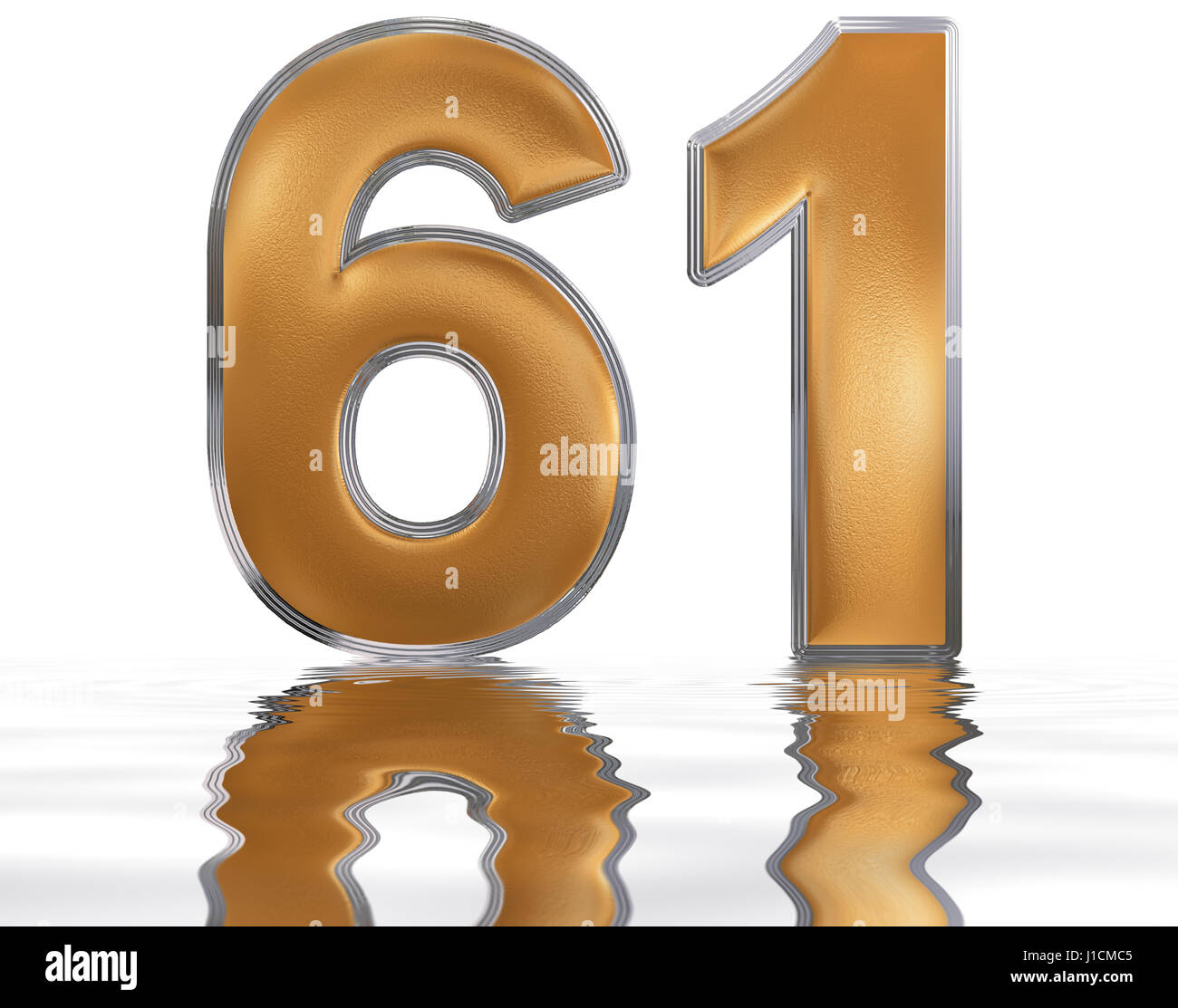 Numeral 61, sixty one, reflected on the water surface, isolated on ...