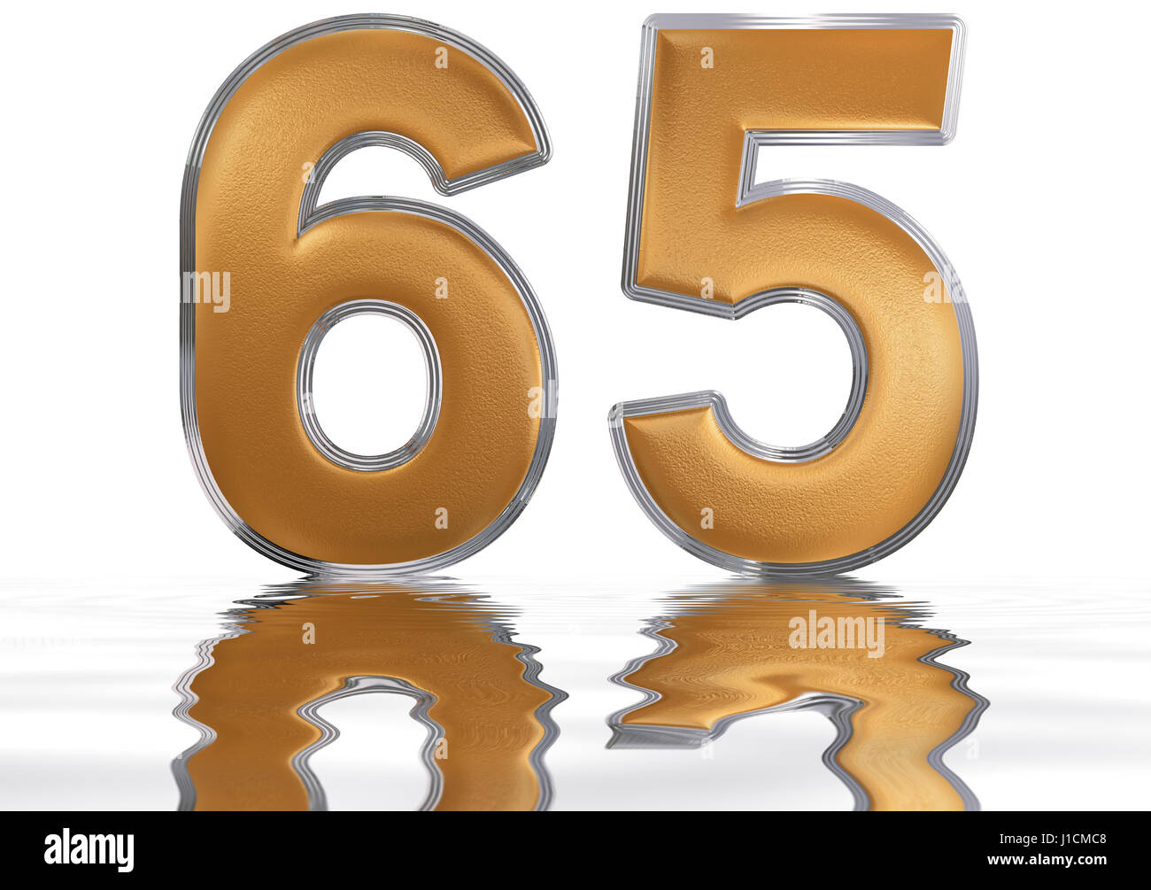 Numeral 65, sixty five, reflected on the water surface, isolated on ...