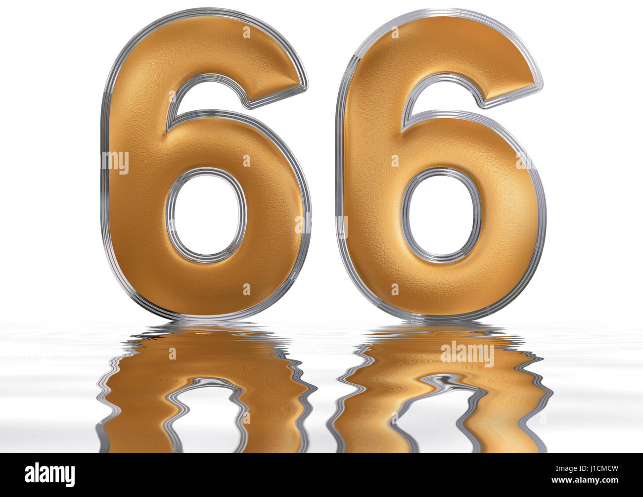 Numeral 66, sixty six, reflected on the water surface, isolated on ...