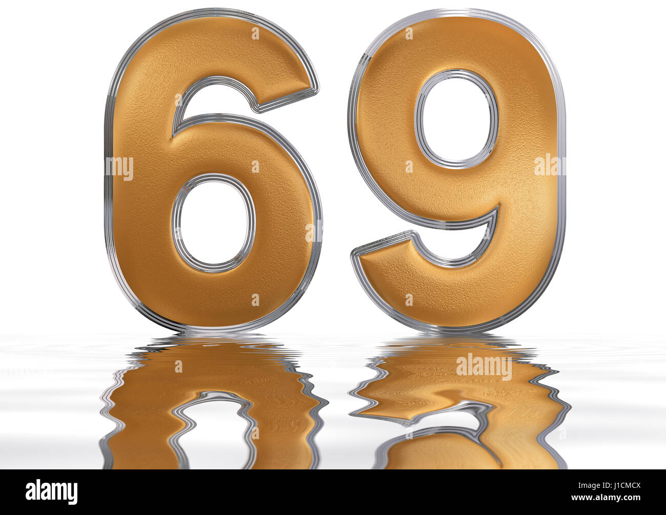 Numeral 69, sixty nine, reflected on the water surface, isolated on ...