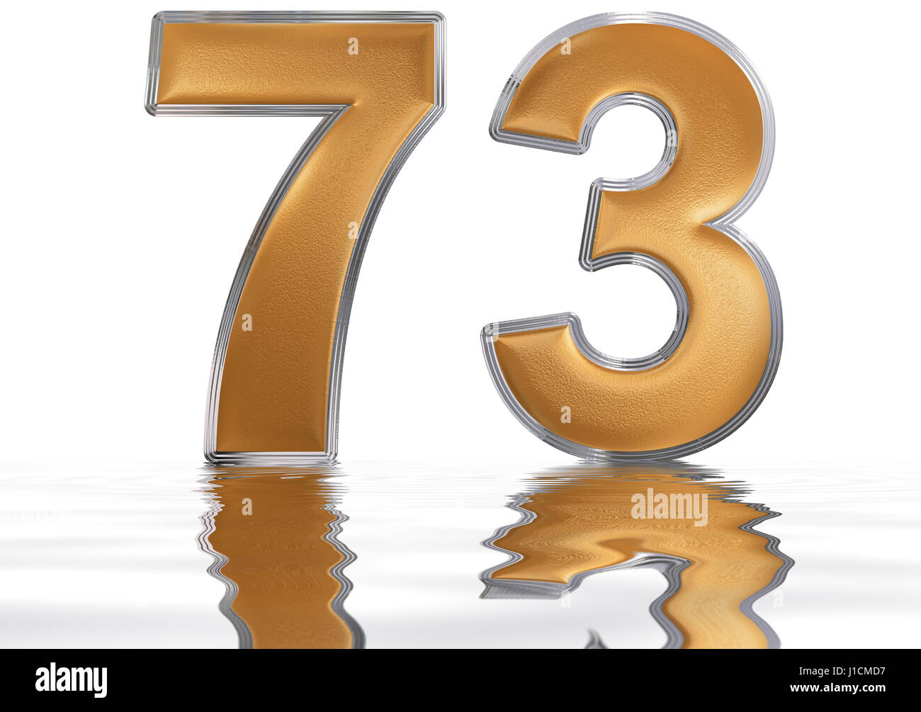 Numeral 73, seventy three, reflected on the water surface, isolated on ...