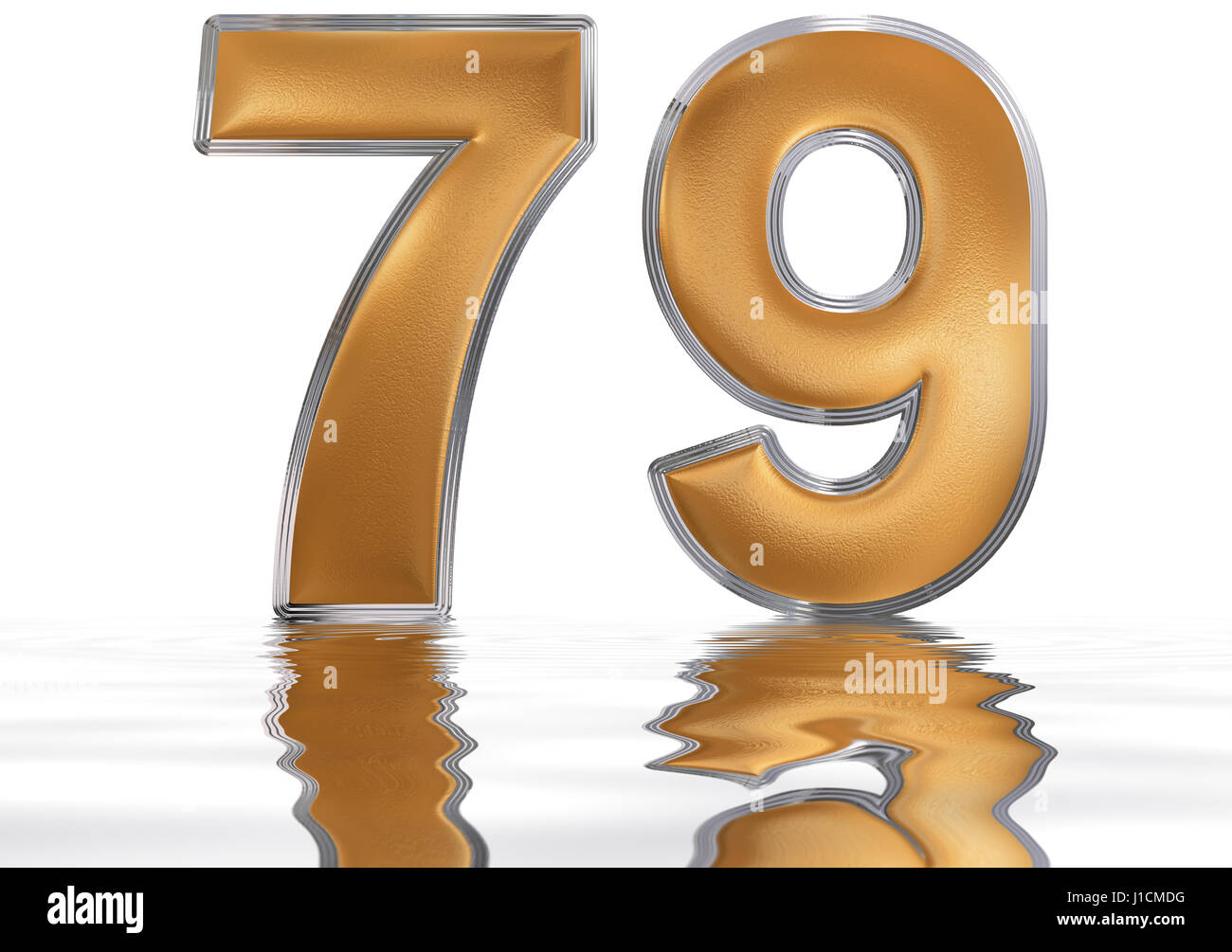 Numeral 79, seventy nine, reflected on the water surface, isolated on ...
