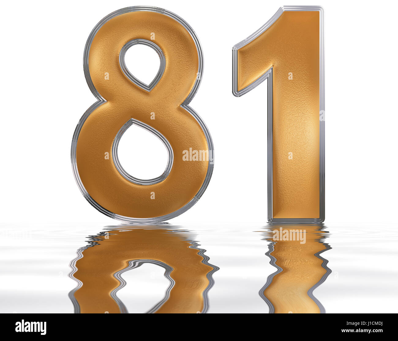Numeral 81, eighty one, reflected on the water surface, isolated on ...