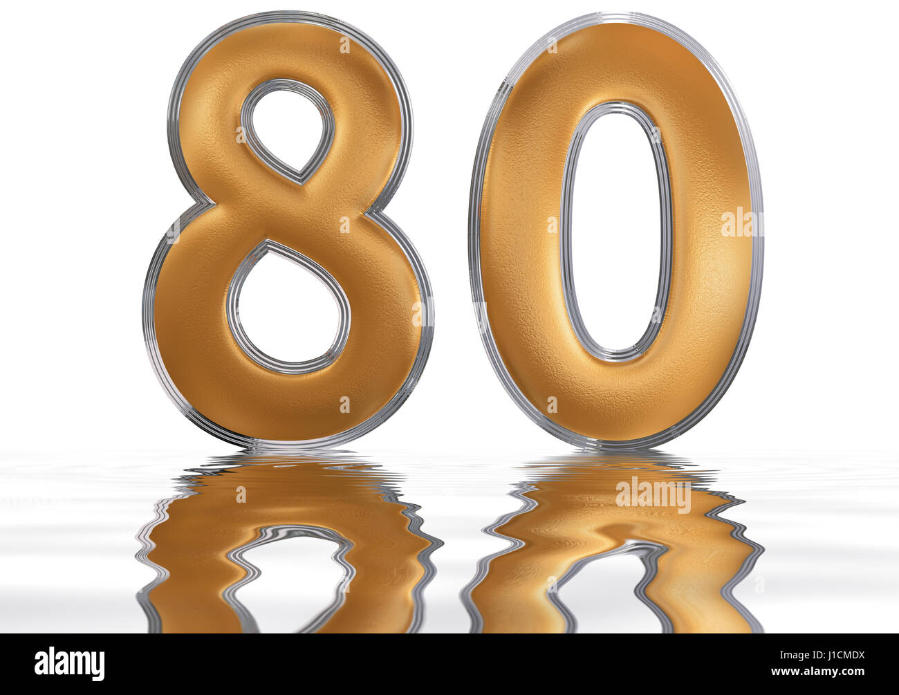 Numeral 80, eighty, reflected on the water surface, isolated on white ...