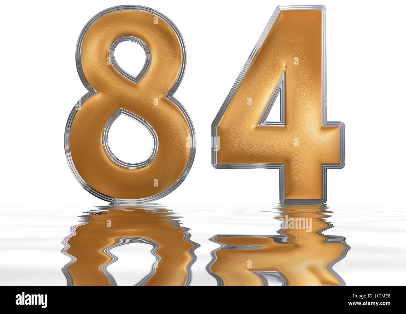Numeral 84, eighty four, reflected on the water surface, isolated on ...
