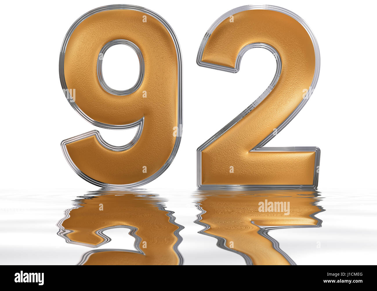 Numeral 92, ninety two, reflected on the water surface, isolated on ...