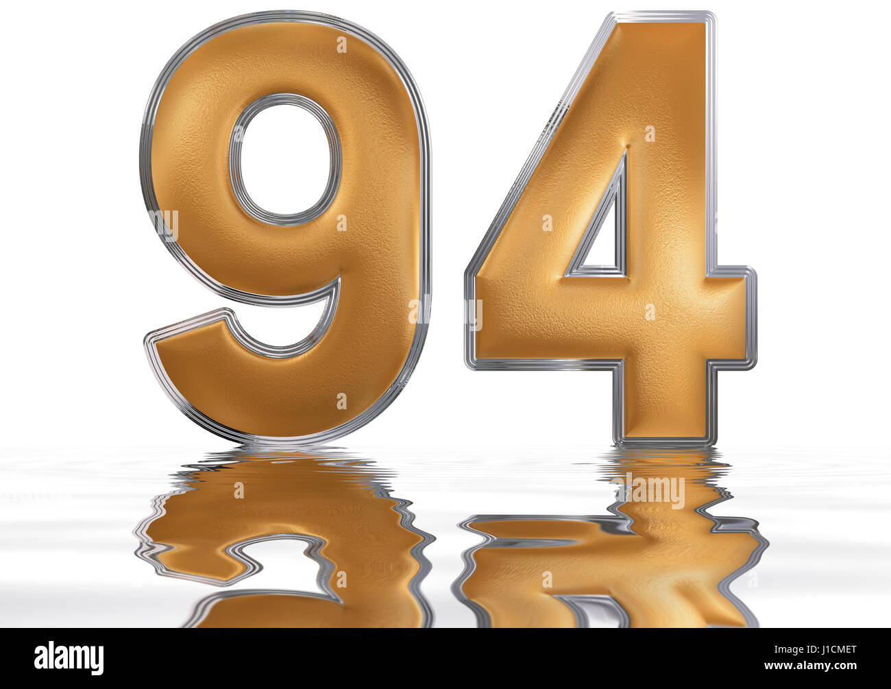 Numeral 94, ninety four, reflected on the water surface, isolated on ...