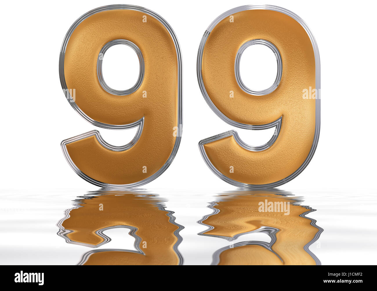 Numeral 99, ninety nine, reflected on the water surface, isolated on ...