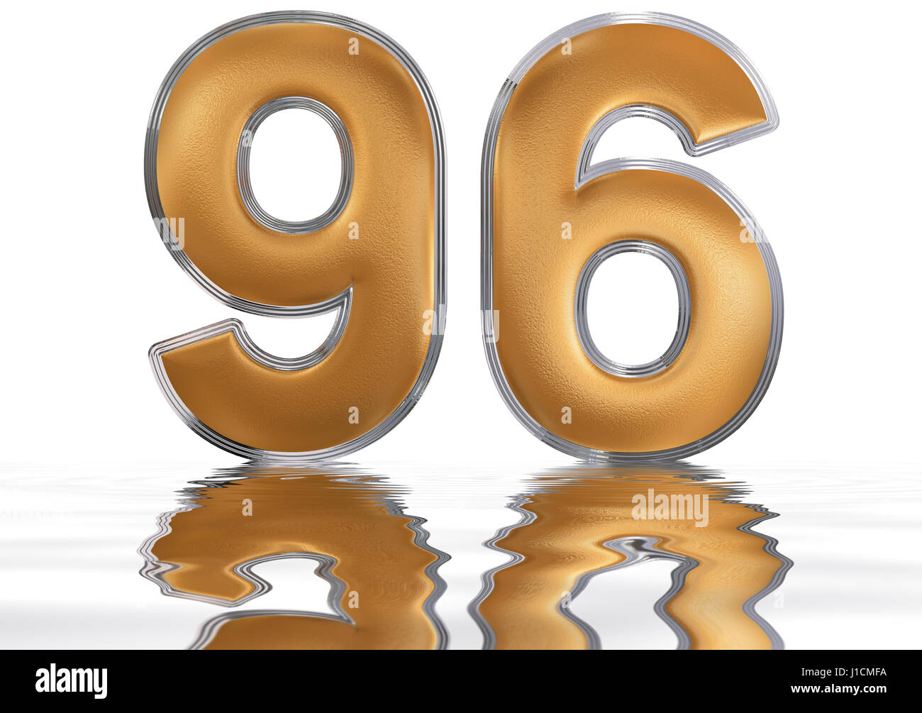 Numeral 96, ninety six, reflected on the water surface, isolated on ...