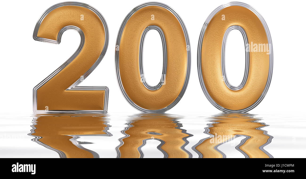Numeral 200, two hundred, reflected on the water surface, isolated on ...