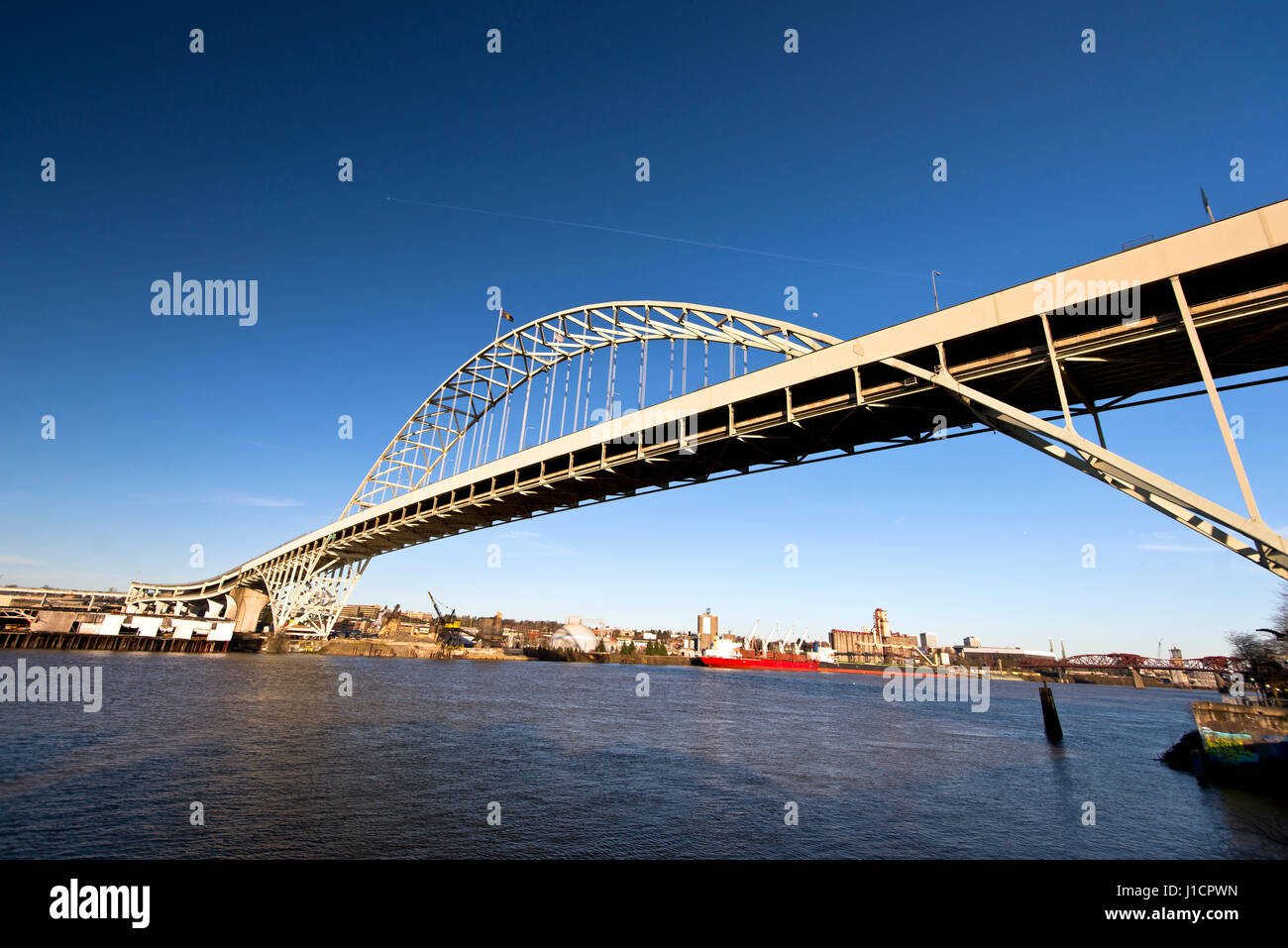Large arched two levels metal frame Fremont bridge over Willamette ...