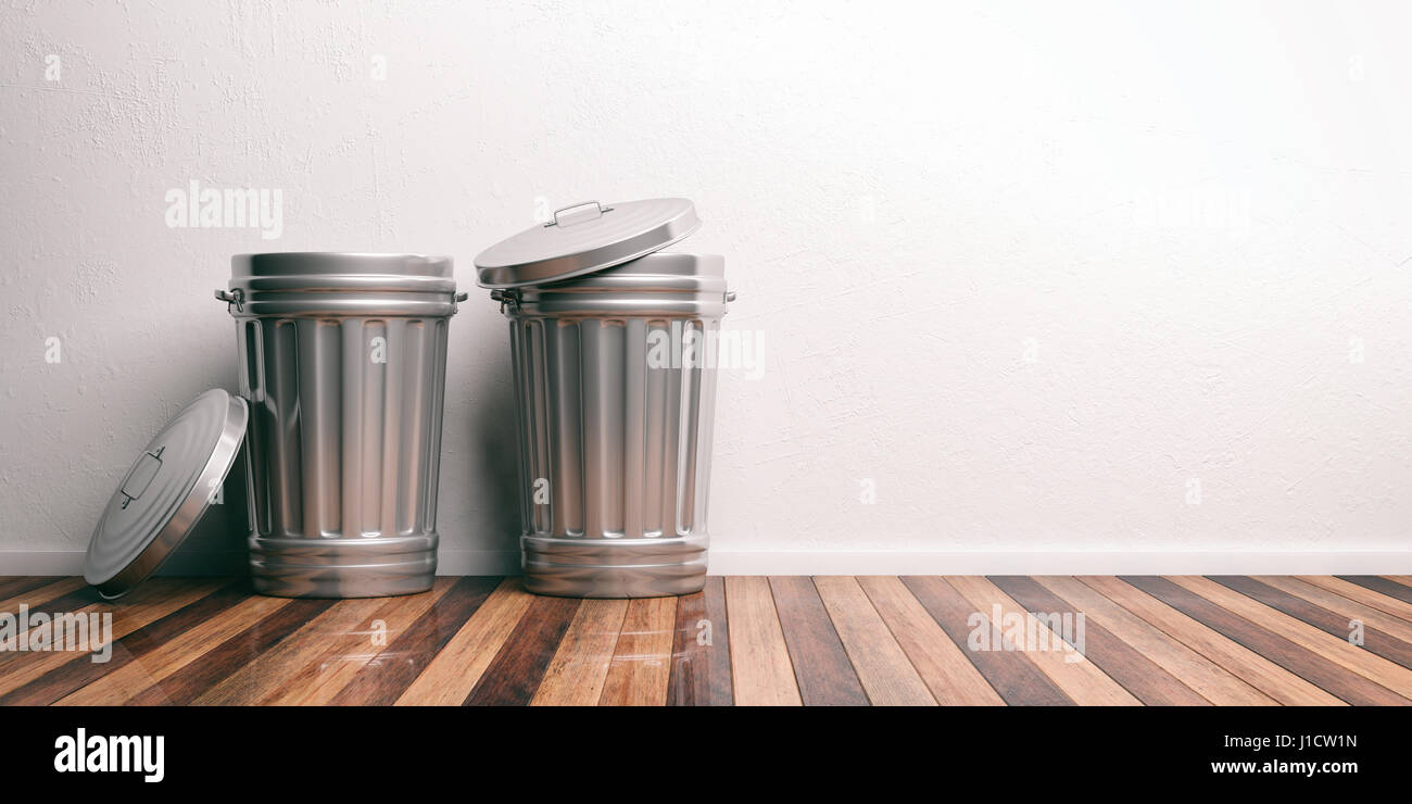 Two trash bins on a wooden floor. 3d illustration Stock Photo - Alamy