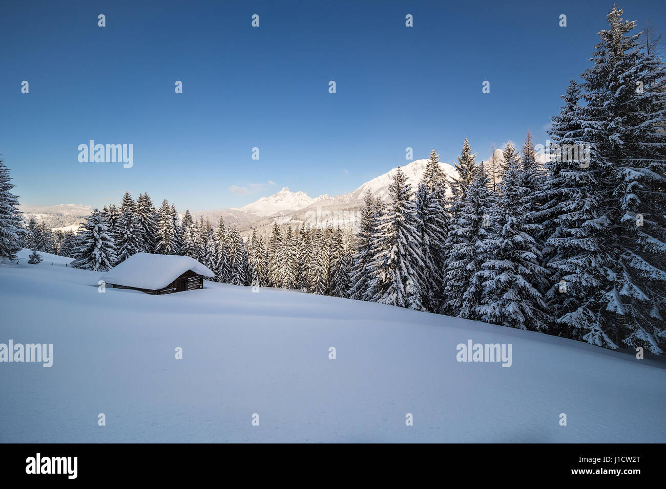 Log cabin in a snow covered landscape in the Austrian Alps Stock Photo ...
