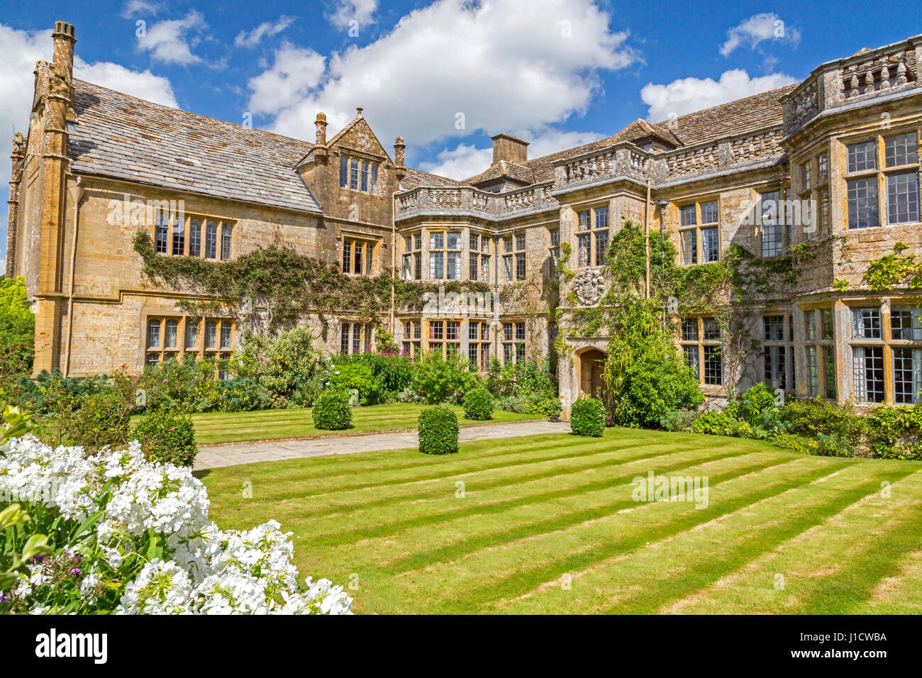 The front facade and lawn of the historic Mapperton House, home of the ...