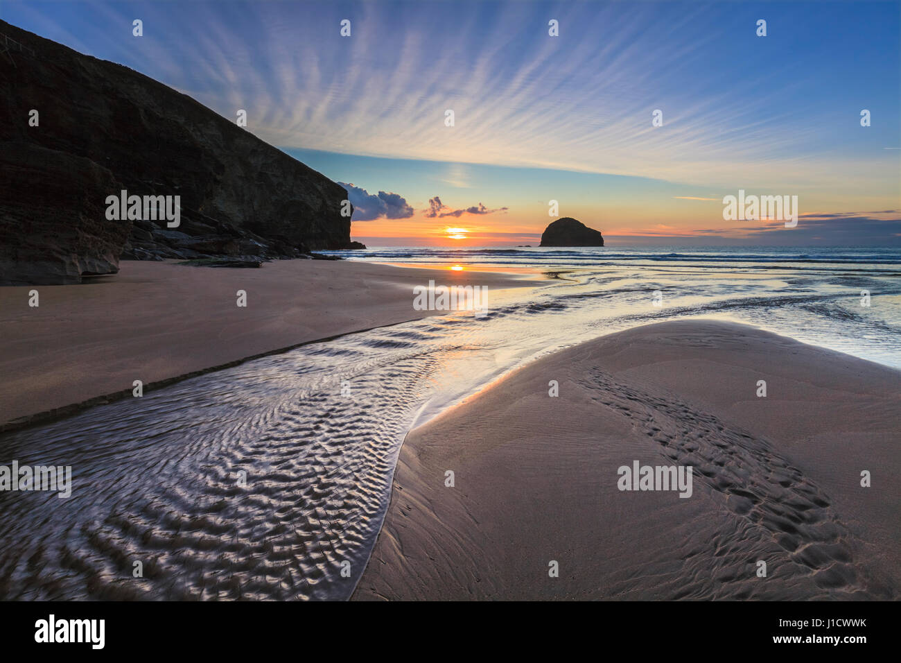 Trebarwith Strand Beach near Tintagel in North Cornwall captured at ...
