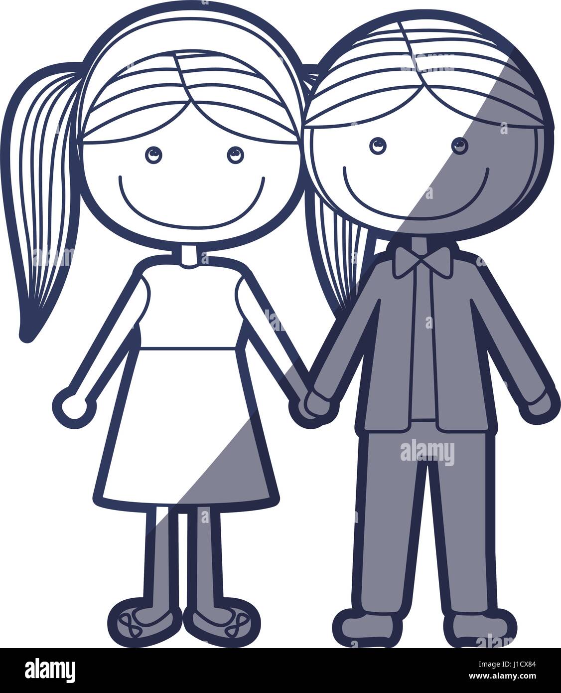 blue color contour caricature boy with formal suit and girl pigtails ...
