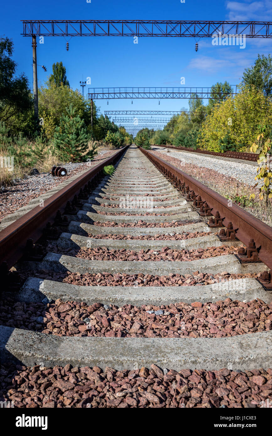 Railway tracks of abandoned Yaniv town railway station, Chernobyl ...