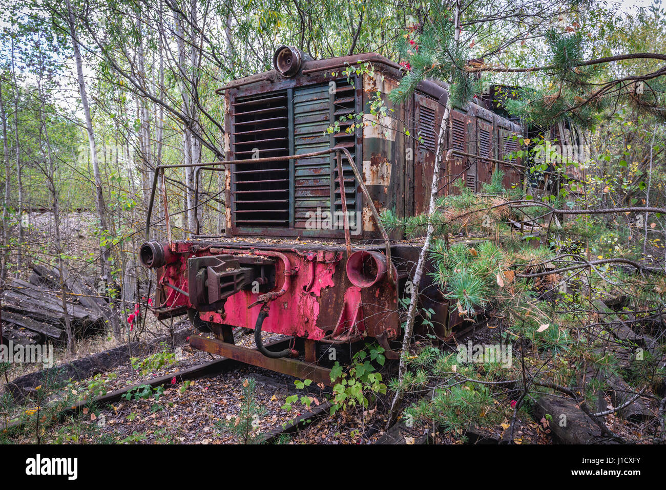 Old Soviet engine near Prypiat city and Yaniv railway station in ...