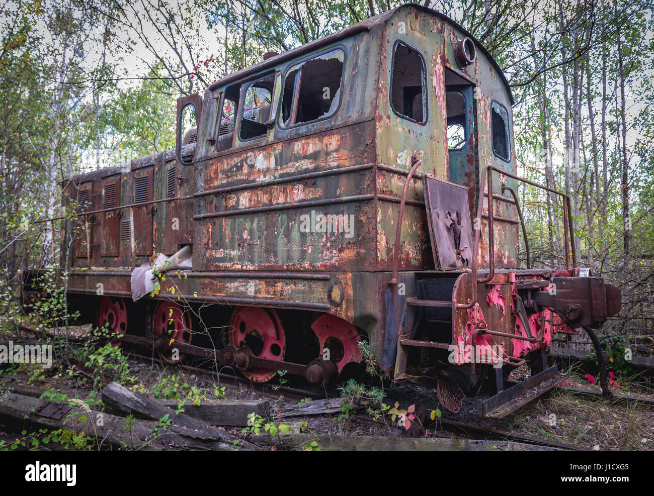 Old Soviet engine near Prypiat city and Yaniv railway station in ...
