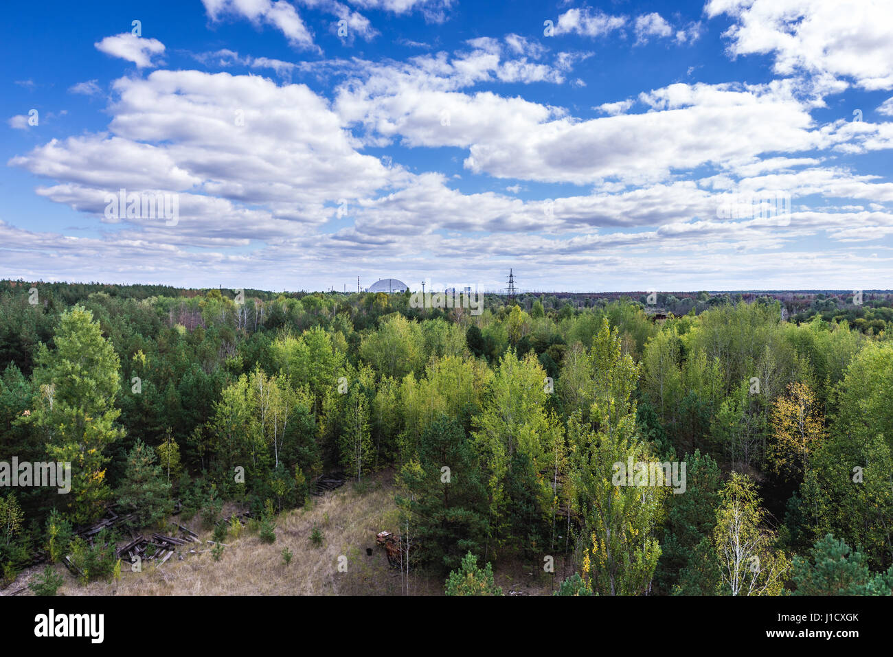 Aerial view from railway yard lights tower near Prypiat city and Yaniv ...