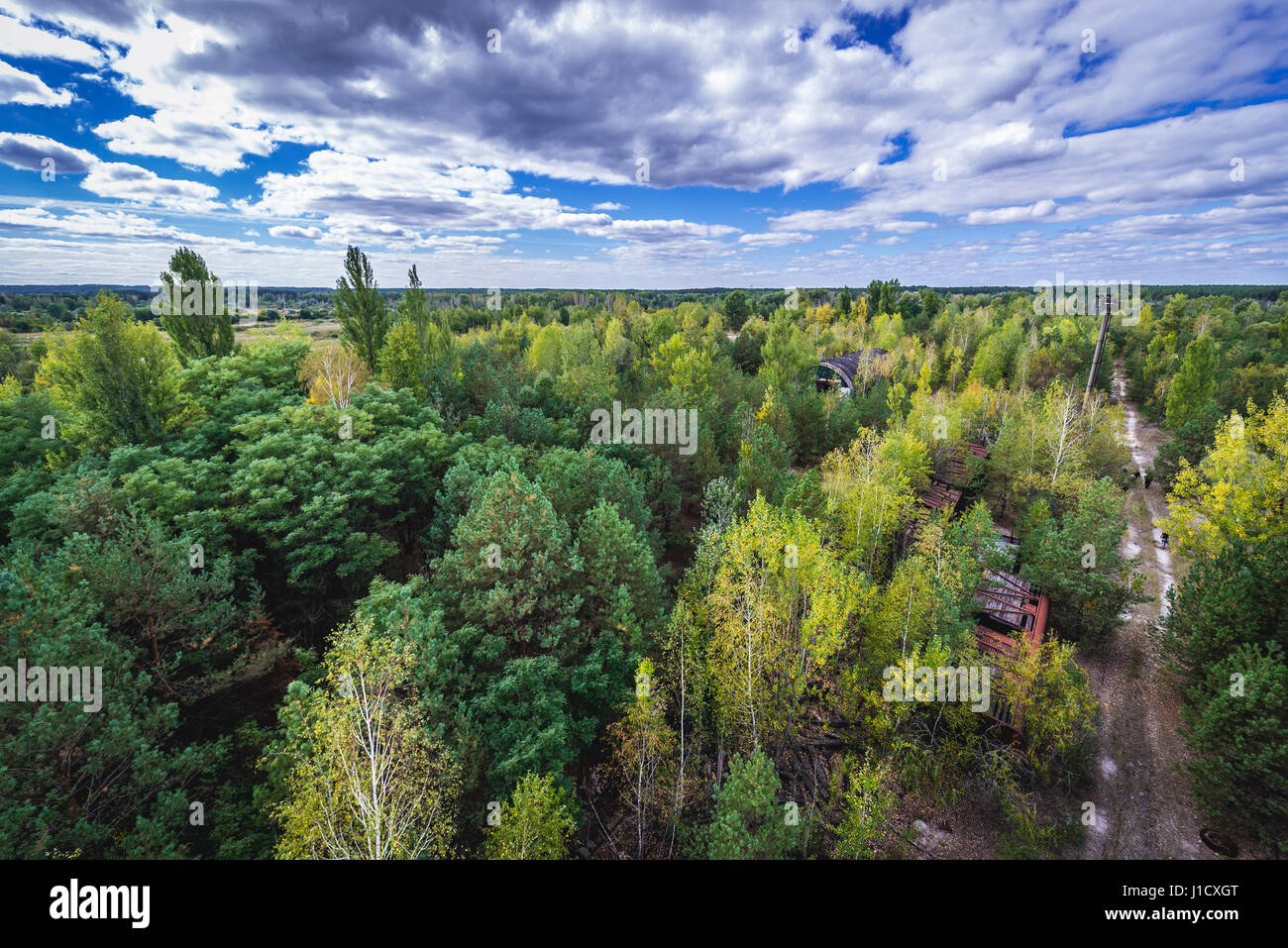 Aerial view from railway yard lights tower near Prypiat city and Yaniv ...