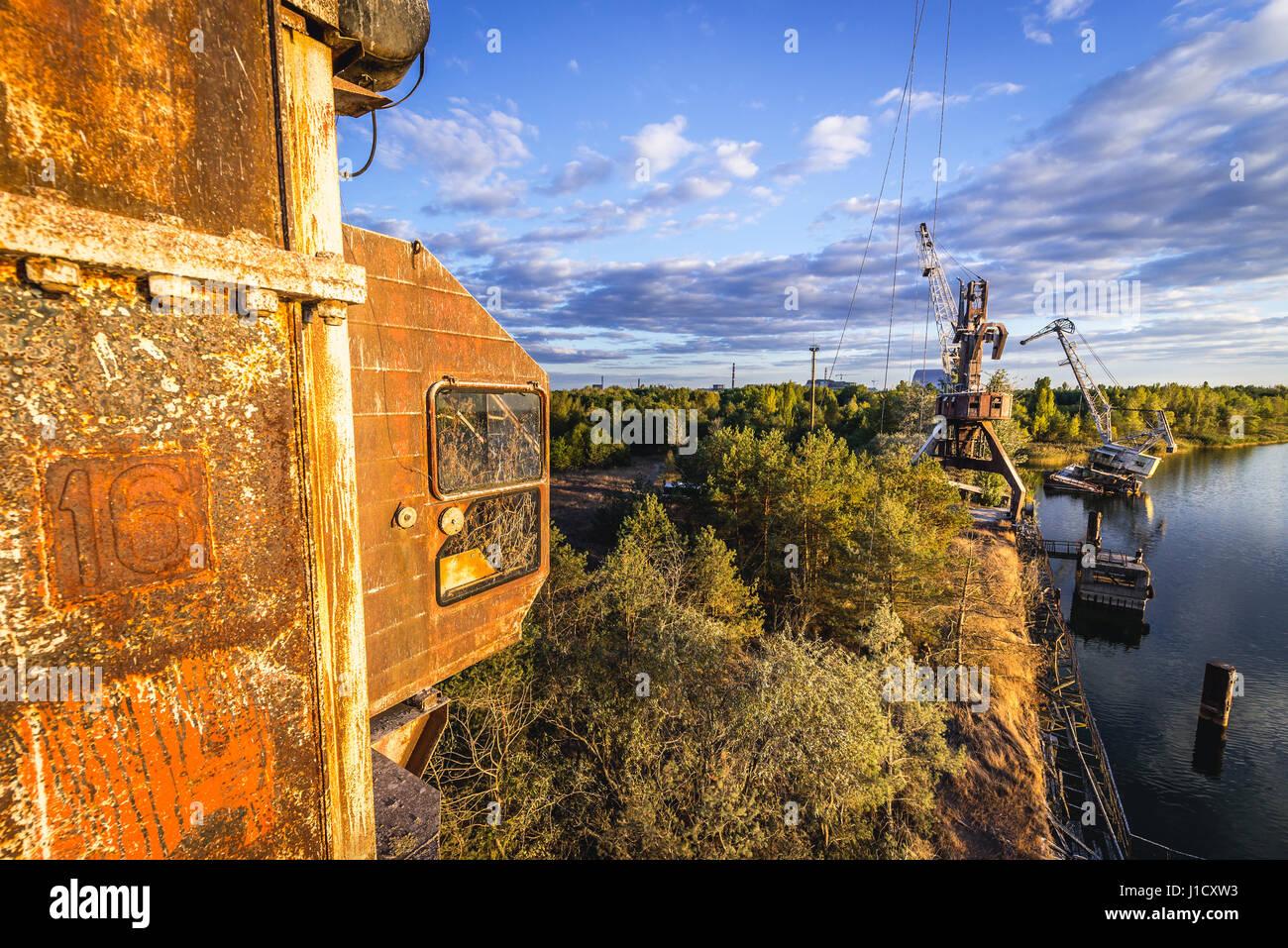 Aerial view from port crane over Yanov Backwater in Chernobyl Nuclear ...