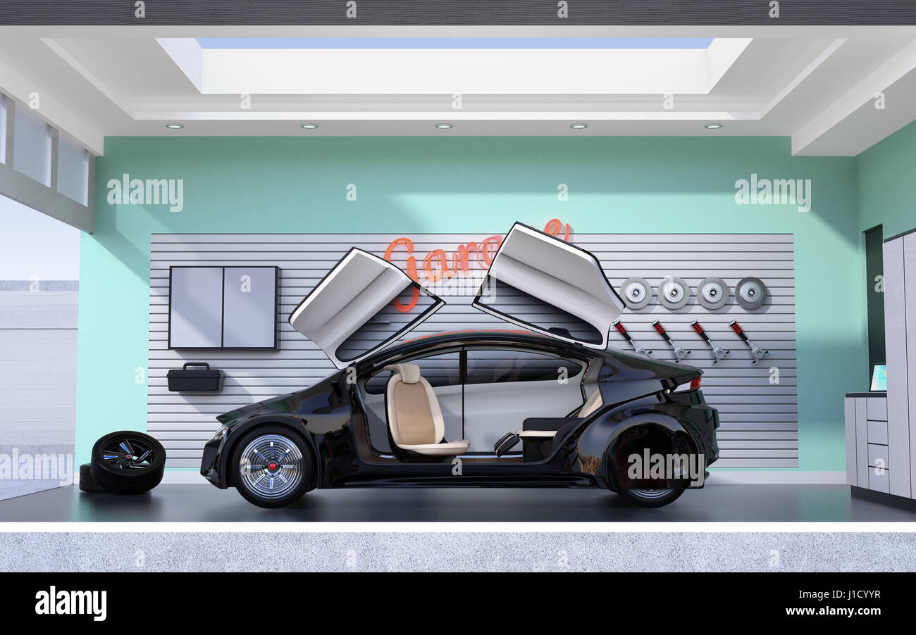 Black car parking into a stylish garage. 3D rendering image Stock Photo ...