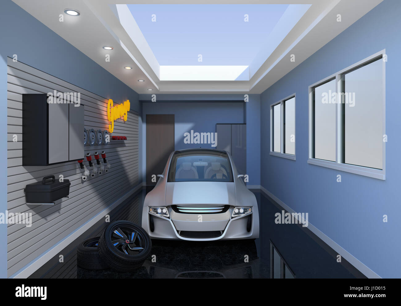 Front view of stylish garage interior. 3D rendering image Stock Photo ...
