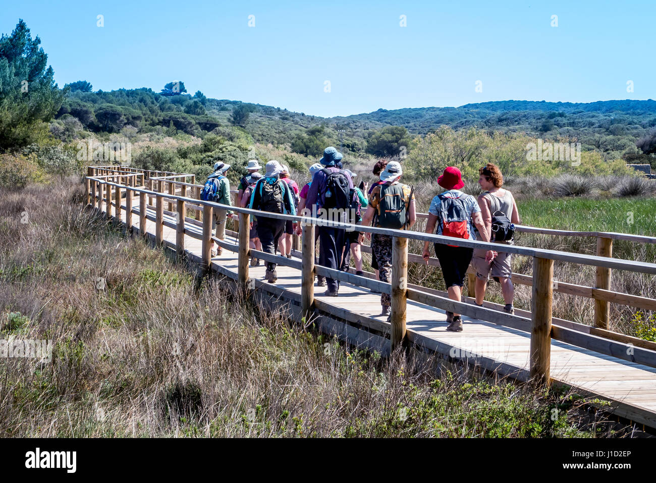 People walking on the boardwalks in a nature reserve at Es Grau ...