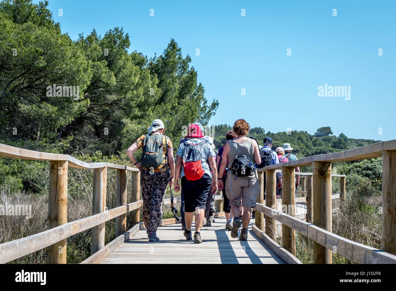People walking on the boardwalks in a nature reserve at Es Grau ...