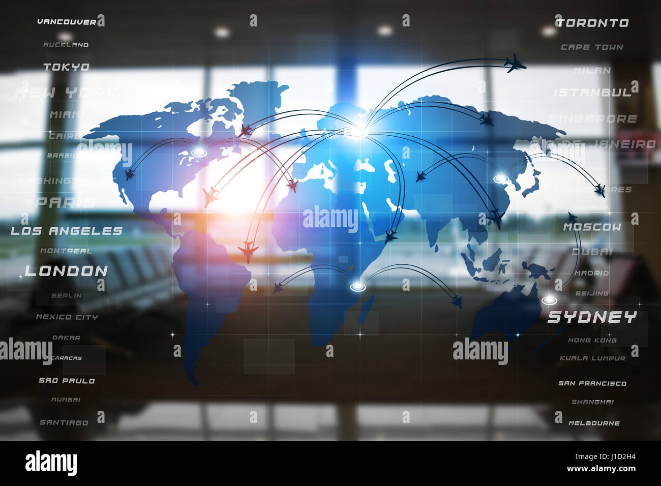aviation business background with world map on blurred airport terminal ...