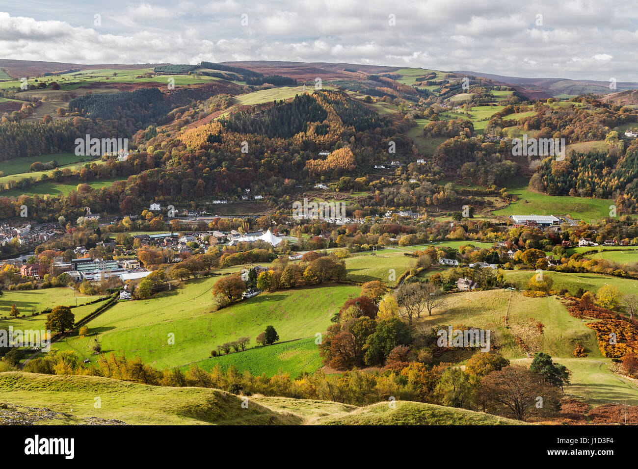 View of Llangollen from Castell Dinas Bran showing the west end of the ...
