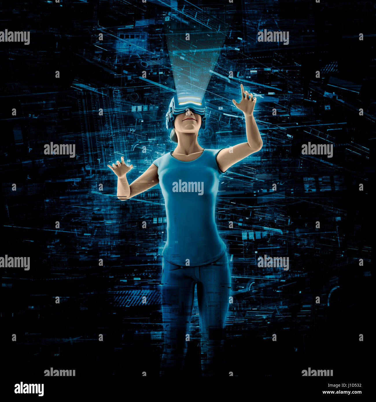 Virtual reality woman / 3D illustration of woman wearing virtual ...