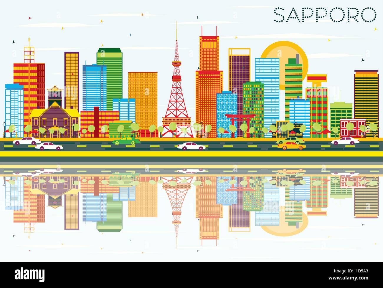 Sapporo Skyline with Color Buildings, Blue Sky and Reflections. Vector ...