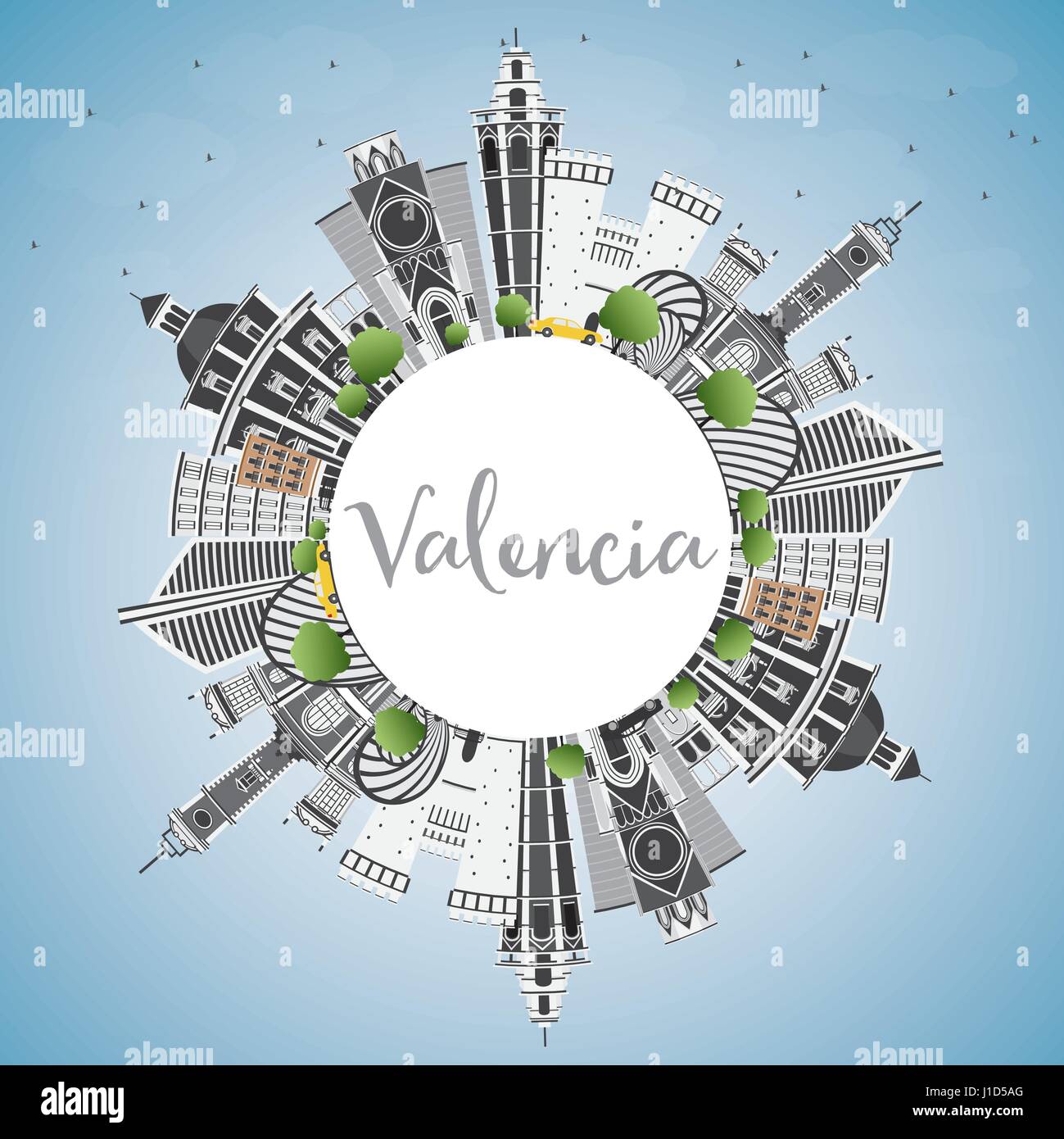Valencia Skyline with Gray Buildings, Blue Sky and Copy Space. Vector ...