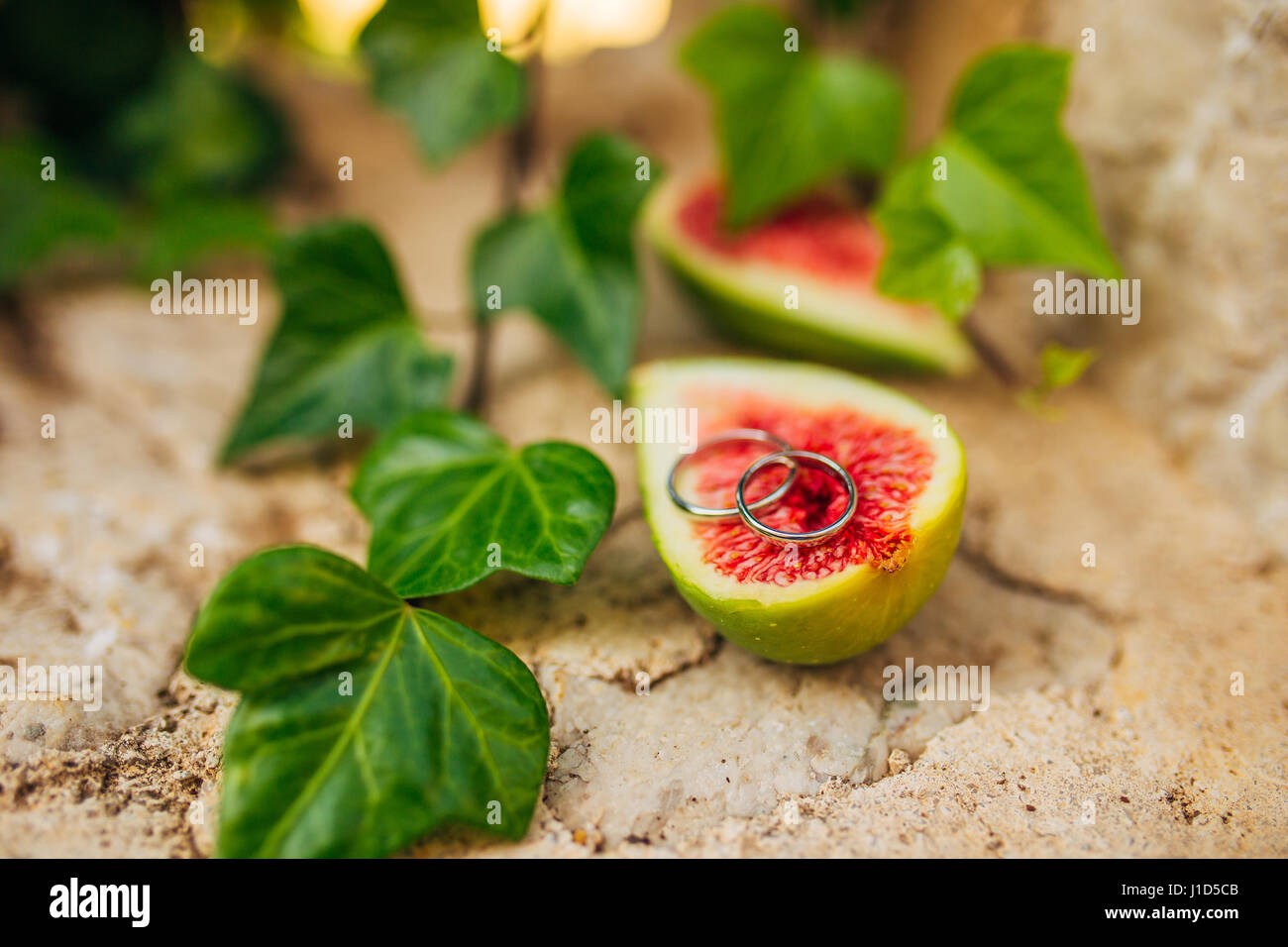 Wedding rings on figs Stock Photo - Alamy
