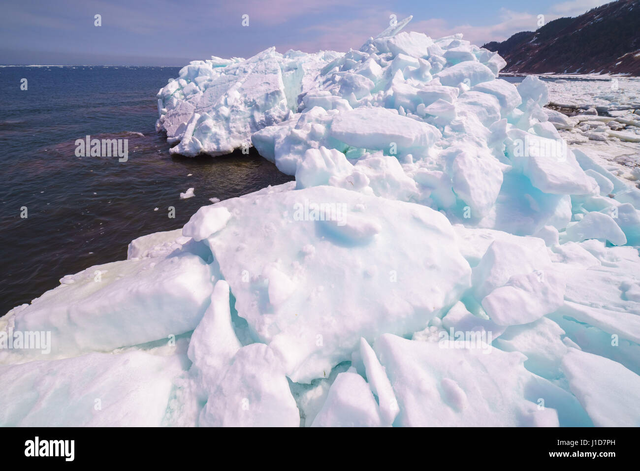 Ice hummocks on the seashore in the spring, Sakhalin Island, Russia ...