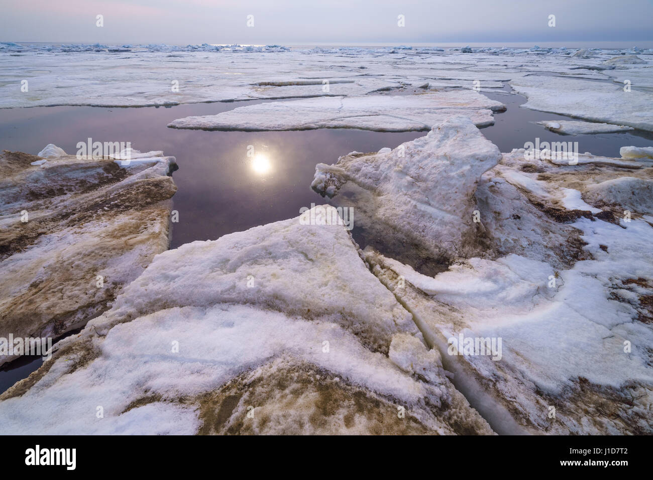 Ice hummocks on the seashore in the spring, Sakhalin Island, Russia ...
