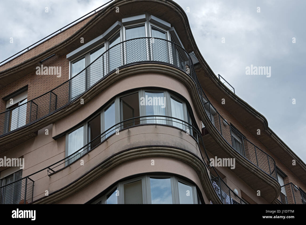 Closeup corner bay window and balcony detailes of building in Barcelona ...