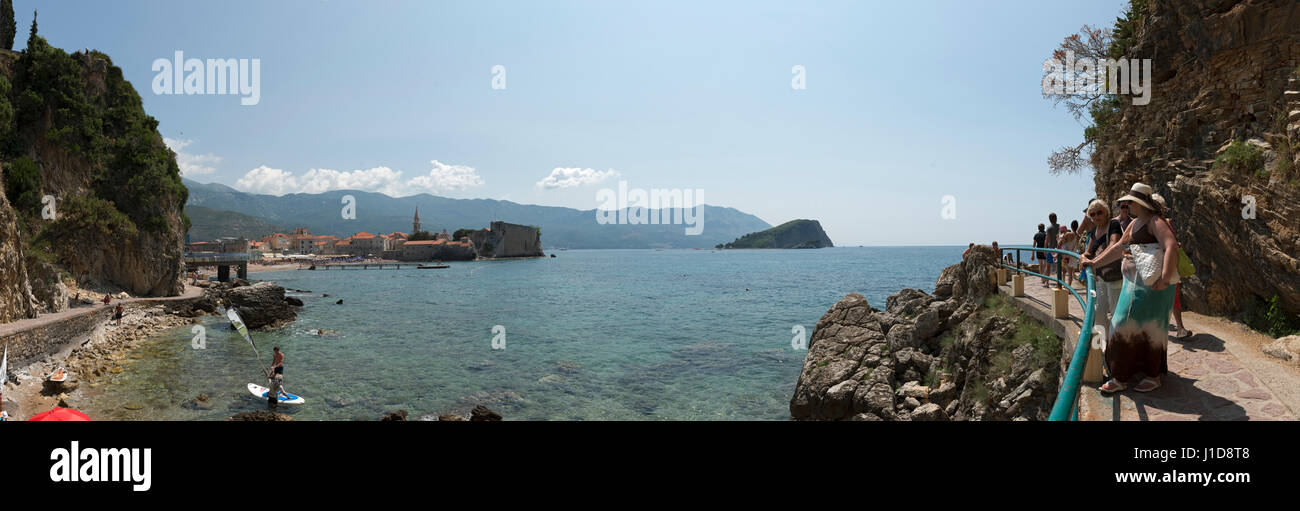 Panoramic view of Budva bay with Old Town and Saint Nicholas island ...