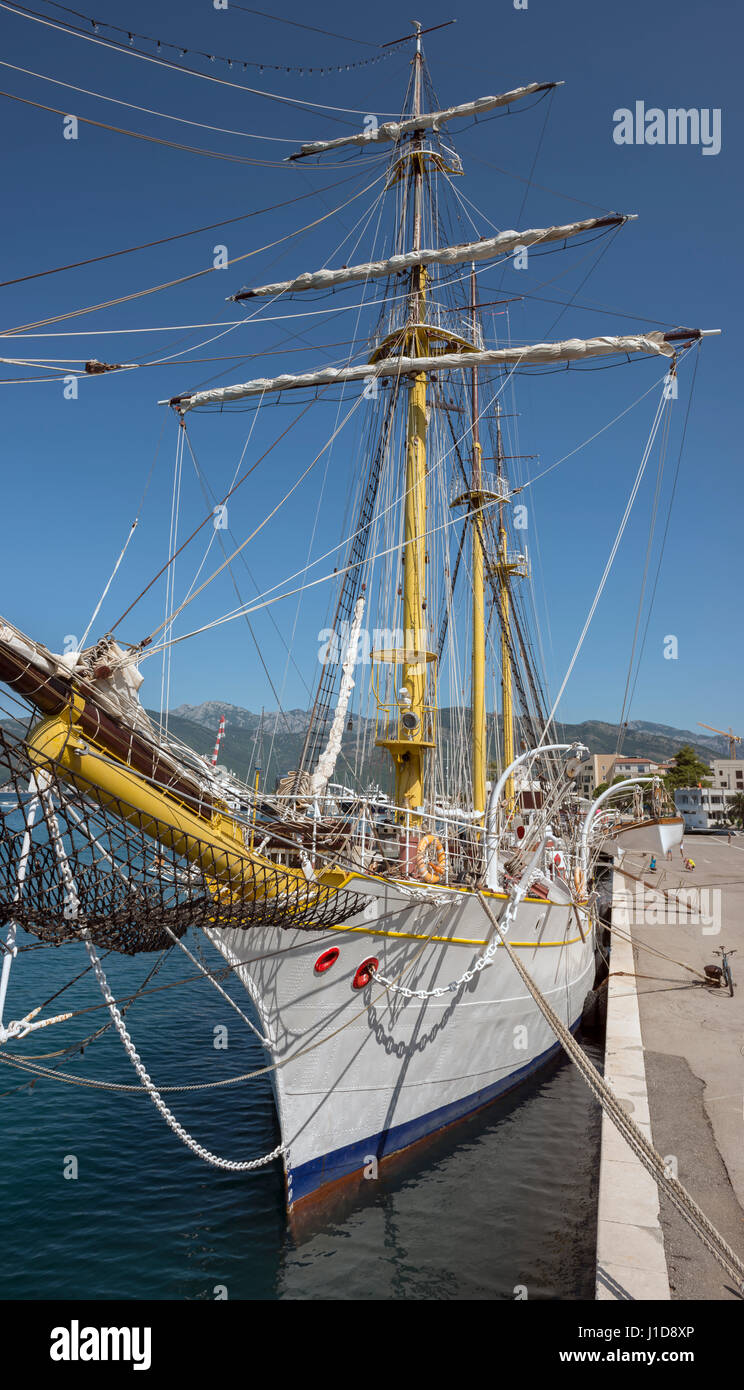 Old training ship Jadran is moored at the pier in Tivat, Montenegro ...