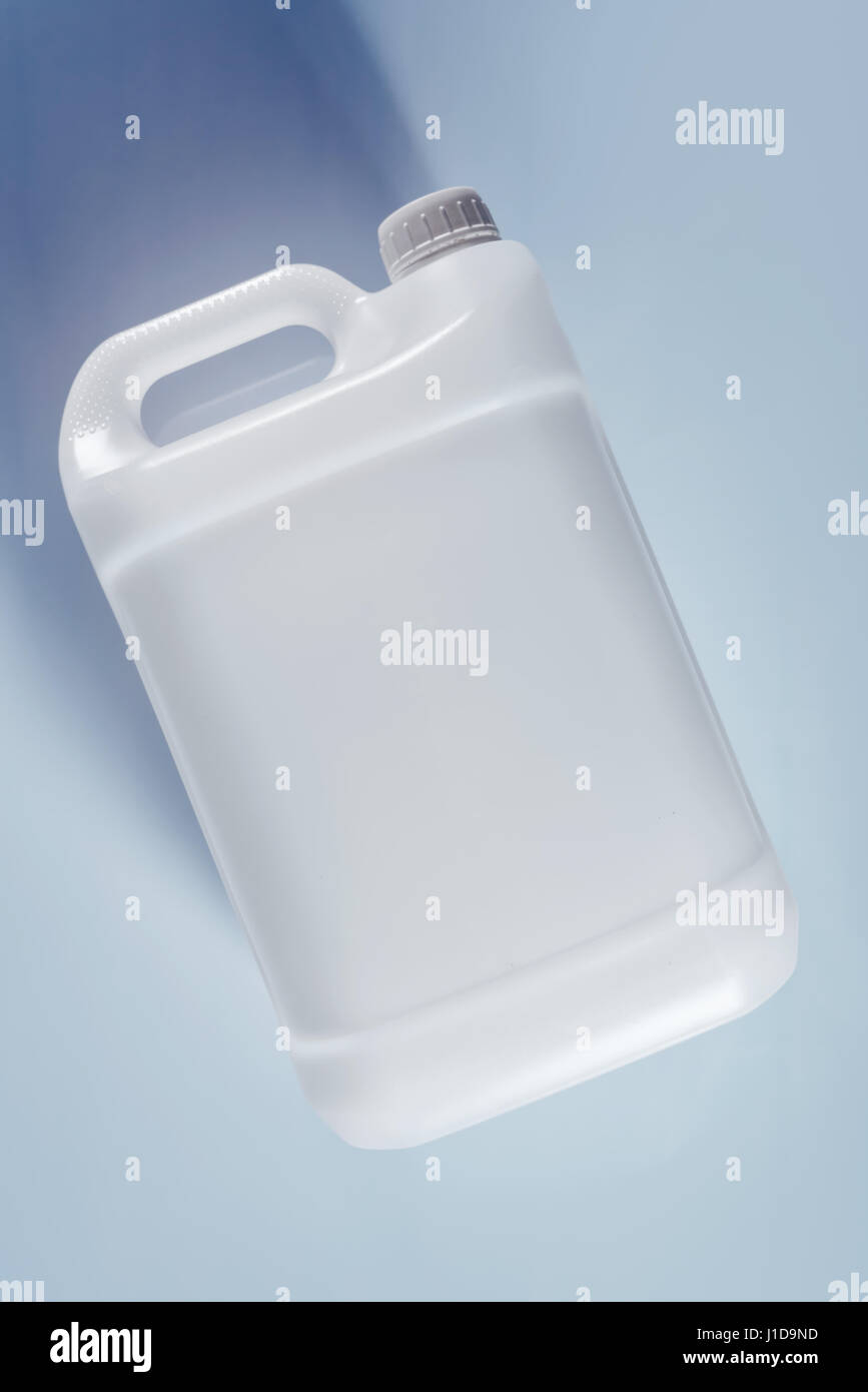 Unlabeled white plastic tank canister chemical liquid container as mock ...