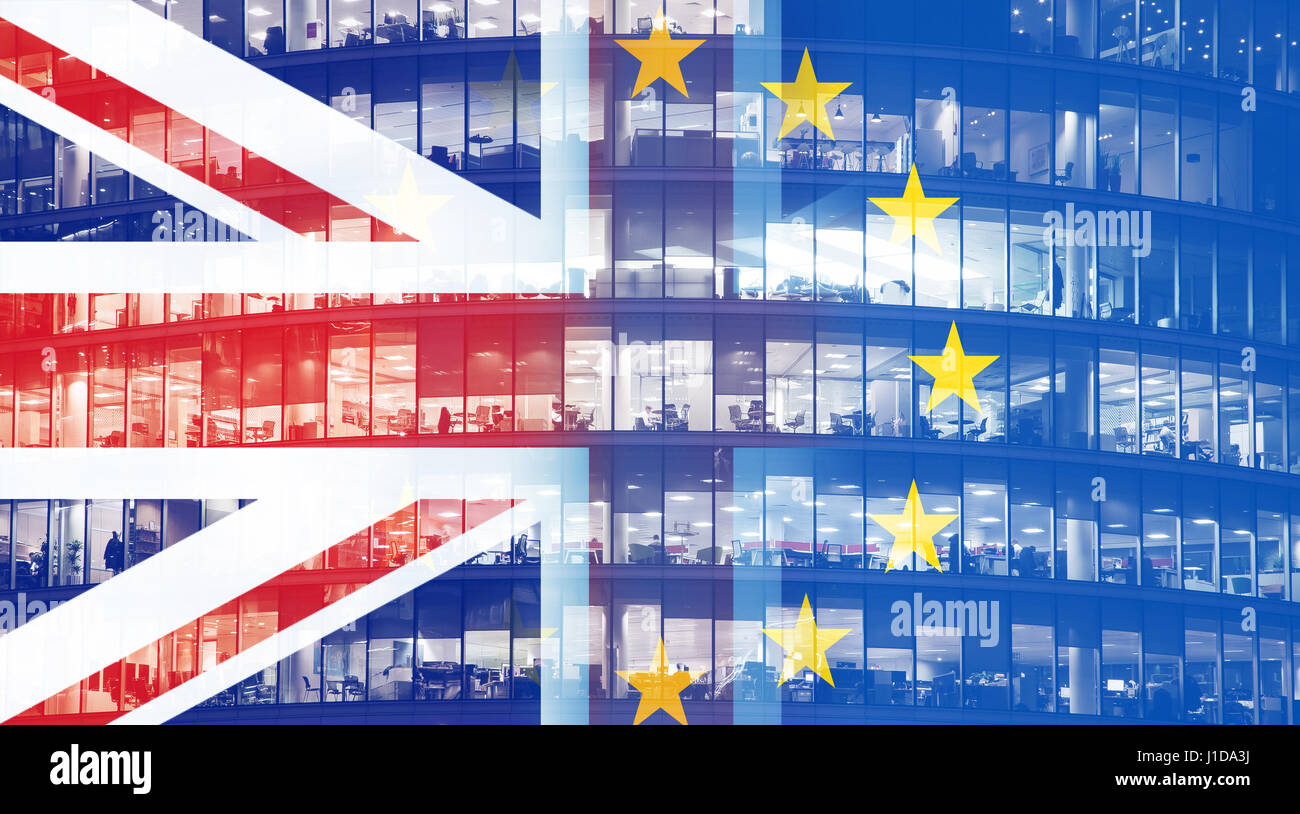 brexit concept - Union Jack flag and EU flag combined over windows of ...