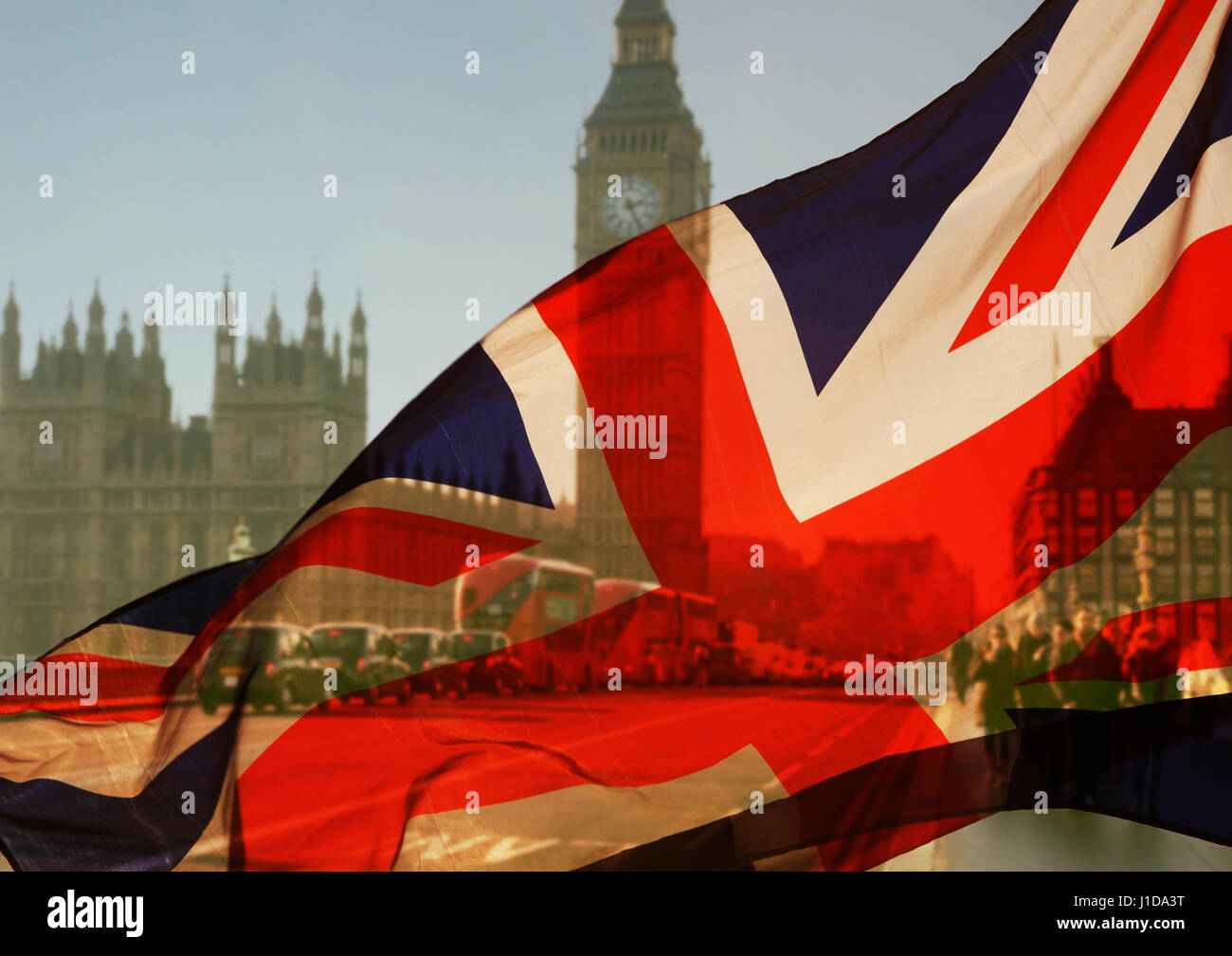 union jack flag and iconic Big Ben at the palace of Westminster, London ...